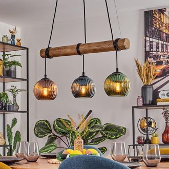 HOFSTEIN Pendelleuchte Koyoto, 3-flammige Hängelampe aus Metall/Holz/Riffelglas in Schwarz/Natur/Kupfer/Blau/Grün, Hängeleuchte Boho mit Glasschirmen, Holzbalk