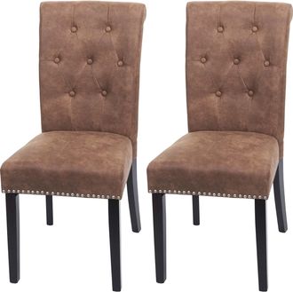 Mendler 2er-Set Esszimmerstuhl Chesterfield II, Stuhl K&uuml;chenstuhl, Nieten - Stoff/Textil braun, dunkle Beine