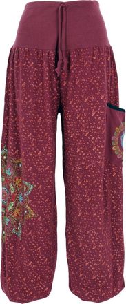 Guru Shop Weite Pluderhose mit Breitem Bund, Mandalastickerei - Weinrot, Damen, Baumwolle, Size:L/XL