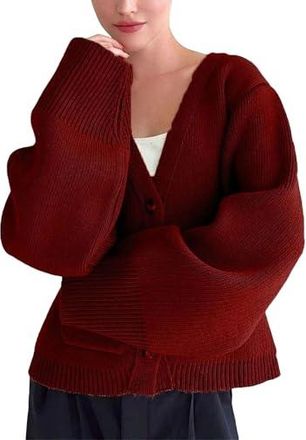Generic Cardigan en tricot &agrave; manches longues et col en V pour femme, bordeaux, Taille XS