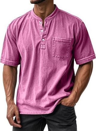 Generic Polo en coton pour homme, grande taille, col rond 1/4 bouton, avec poche poitrine, coupe confortable, couleur unie, t-shirt Henley pour l&eacute;t&eacute;, la plage
