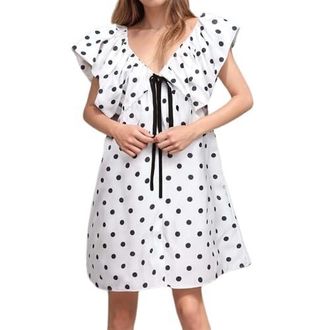 Generic Robe boh&egrave;me 2026 pour femmes, mini motif floral &agrave; volants, col haut, manches courtes, robe d&eacute;t&eacute; fluide, d&eacute;contract&eacute;e, blanc, blanc, M