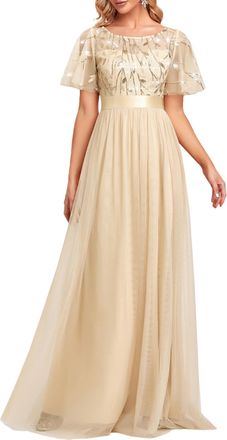 Ever-pretty Damen Abendkleid A-Linie Spitze Kurze Ärmel Partykleid lang Gold 48
