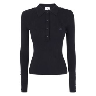 Courr&egrave;ges Gerippter Polo-Pullover mit langen &Auml;rmeln - - Knitwear - Damen - Schwarzk - M