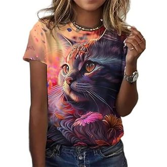 Keephen T-Shirt Femme Motif Chat Fleuri T-Shirts imprim&eacute;s 3D Animaux color&eacute;s T-Shirts d&eacute;t&eacute; d&eacute;contract&eacute;s Harajuku Tops Loose Manches Courtes Tee-Shirts &agrave; col R