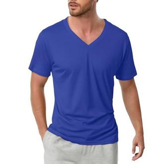 Generic T-shirt pour homme &agrave; la mode avec col en V, couleur unie, d&eacute;contract&eacute;, confortable, respirant, bleu, 3XL