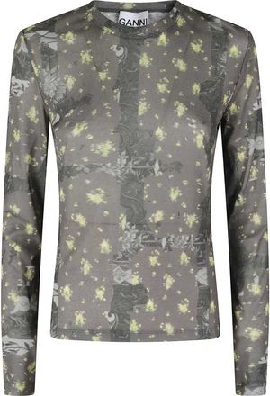 Ganni Femme, Tops, Vert, Taille: 40 FR Printed Marl Mesh Long Sleeve Top