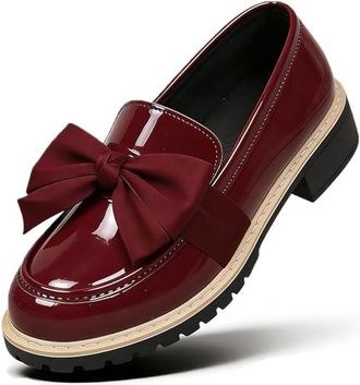 Generic Mocassins en cuir verni avec noeud - Large largeur - Talon bloc bas - Bout rond - Semelle &agrave; crampons - Chaussures habill&eacute;es pour le travail de bureau,