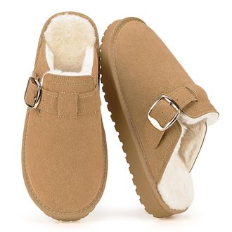 Mishansha Clogs Damen Winter Gef&uuml;ttert Pantoletten Warme Pl&uuml;sch Hausschuhe, Khaki 39