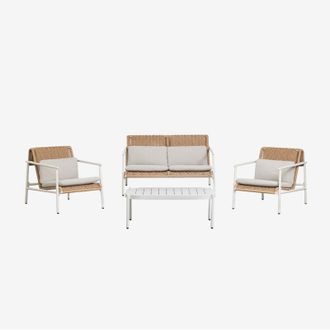 Sklum Gartenset mit 2-Sitzer-Sofa, 2 Sesseln und Couchtisch aus Aluminium und synthetischem Rattan Duroli Gardenia Wei&szlig;