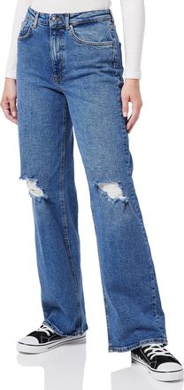 Only Damen Straight Leg Denim Jeans | High Waist Gerade Weite Schlag Hose | Wide Destroyed Pants ONLJUICY, Farben:Blau, Gr&ouml;&szlig;e:28W / 32L, Z-L&auml;nge:L32