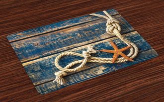 Abakuhaus maritim Platzmatten, Seil und Seesterne Holz, aus Rutsch- und Farbfesten waschbarer Stoff für das Esszimmer, Nachtblau Bernstein