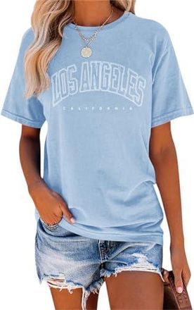 TOMWELL T-Shirt Femme Été Chemise à Manches Courtes T Shirt Col Rond Tops Sport Tee Shirt Imprimé A Bleu Clair L