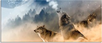 Pixxprint Glasbild Panorama, Wandbild aus Echtglas, Wölfe in der Wüste heulen Vollmond an, 120x50 cm, inkl. Aufhängung und Abstandshalter