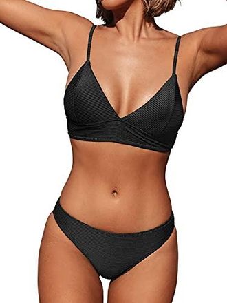 Cupshe Maillot de bain 2 pièces pour femme, couleur unie, noir, Taille XL