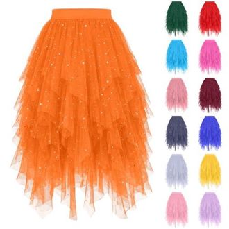 Generic Jupe en tulle longue pour femme - Jupe tutu irr&eacute;guli&egrave;re - Taille &eacute;lastique - Jupe tutu des ann&eacute;es 80 - Tenue de f&ecirc;te &agrave; paillettes - Costume de rave - 