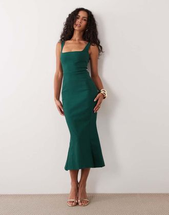 Vesper robe midi sans manches &agrave; col carr&eacute; et bas &eacute;vas&eacute; en vert fonc&eacute;