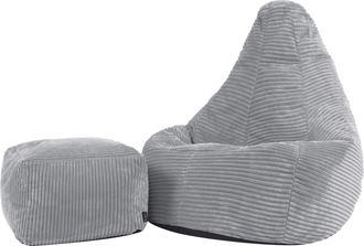 Icon Brand Dalton Sitzsack Kinder mit Hocker, Grau, Flauschiger Cord Stoff, Sitzsack Cord mit Füllung, Bequemer Kinder Gaming Sessel, Kuschelsessel, Lese Sessel,