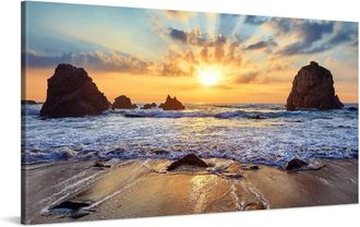 Picanova Bild auf Leinwand Felsiger Strand Sonnenuntergang 100x50cm - Leinwandbild - Premium Leinwanddruck - Wandbild Kunstdruck Auf 2cm Holz-Keilrahmen Wohnzi