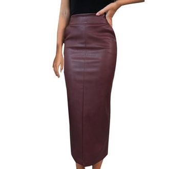 Generic Jupe crayon mi-longue en cuir synth&eacute;tique - Robe midi d&eacute;contract&eacute;e - Couleur unie - Taille haute - Coupe ajust&eacute;e - Ourlet extensible - Fente - Jupe-sh