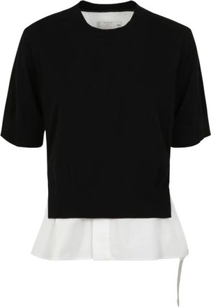 sacai Femme, Pulls, Noir, Taille: 42 FR Pull ras de cou Poplin x Coton en maille
