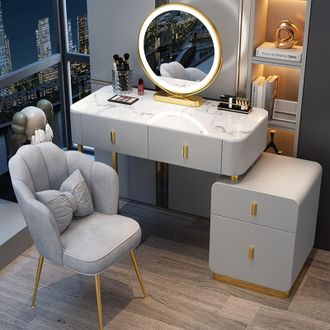 Generic Schminkstuhl, modernes grau-goldenes Schminktisch-Set mit Spiegel und Verstellbarer Beleuchtung - gro&szlig;er Schminktisch mit beweglichem Nachttisch und g