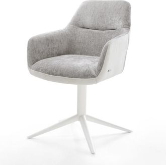 DELIFE Drehstuhl Pejo-Flex Materialmix Echtleder Weiß-Silbergrau Fußkreuz Weiß 360° drehbar Wippfunktion Taschenfederkern, Esszimmerstühle