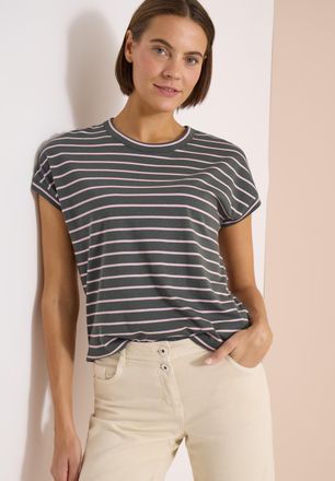 Cecil Rundhalsshirt CECIL, Damen, Gr. XXL (46), khaki, Web, 50% Baumwolle, 50% Modal, gestreift, comfort fit normal, Rundhals, abgesteppt, Shirts Rundhalssh