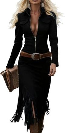 Generic Robe vintage en su&eacute;dine &agrave; franges pour femme, manches longues, revers et franges, Noir, XXL