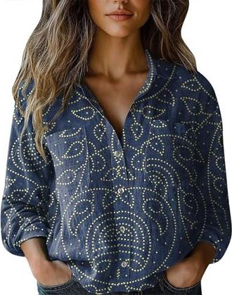 Generic HUIFUAO Chemise Femme Lin Coton Manche Longue Shirt Grande Taille Chemise et Blouses Chic et &eacute;l&eacute;gant Haut Basique Imprim&eacute; Tunique Tops avec Poche (A01