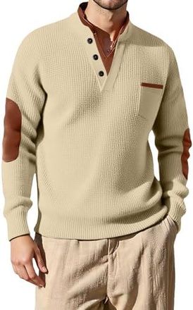 Generic Sweat-shirt sans capuche pour homme - Pull en tricot avec 1/4 boutons - T-shirt &agrave; manches longues - Coupe droite - Confortable - Doux - Printemps - Au
