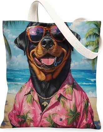 Generic Beach Rottweilers Sac fourre-tout en toile pour faire du shopping 33 x 38,1 cm, sac &agrave; bandouli&egrave;re r&eacute;utilisable pour femme, peinture danimaux domestiqu