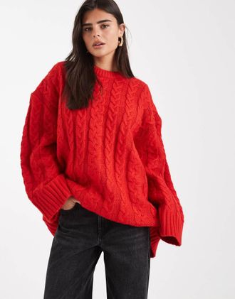 Asos Oversize-Zopfstrickpullover in Rot mit Rundhalsausschnitt