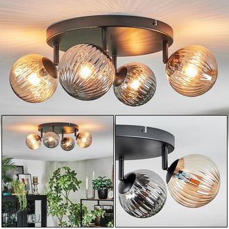 HOFSTEIN Deckenleuchte Chehalis, 4-flammige Deckenlampe aus Metall/Riffelglas in Schwarz/Rauch/Bernstein, verstellbare Leuchte im Retro-Design (Schirme 12 cm),