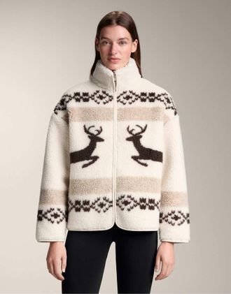 Oysho Hochgeschlossene Jacke aus Lammfellimitat in Ecru mit Rehmotiven-Neutral