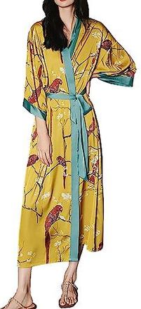 Generic Robe de chambre longue en satin pour femme - Robe de nuit longue en soie grande taille - Robe de nuit en satin - Col en V - Peignoirs doux, jaune, Tai