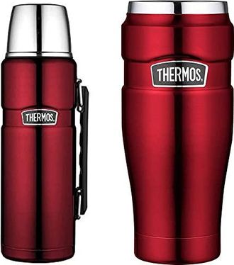 Thermos Stainless King Thermoskanne Edelstahl, Rot 1,2L & Thermobecher, Kaffeebecher To Go 470ml, Isolierbecher Spülmaschinenfest, Dicht, 4002.248.047
