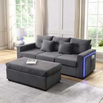 Merax modularer LED-Sofa-Set, L-Form, mit 3-Sitzer und abnehmbarem XXL-Ottoman, Cordstoff, hochdichtem Komfortschaum, Aufbau, Seitentaschen, Grau