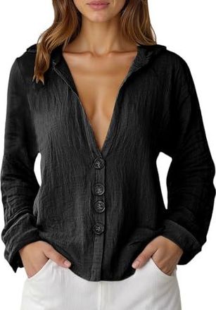 Generic Vestes en lin pour femmes, chemises l&eacute;g&egrave;res boutonn&eacute;es &agrave; manches longues avec capuche, coupe ample, respirant, style boh&egrave;me, Noir, XXL