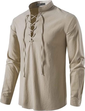 PARKLEES Herren Retro Baumwolle Freizeithemd Langarm Schn&uuml;rbare Hemden Mittelalterlich Piraten Kost&uuml;m f&uuml;r Halloween PPPA275 Khaki XXL