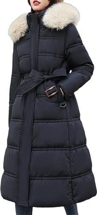 Generic Manteau dhiver long en duvet &eacute;pais et chaud pour femme, parka, manches longues, ceinture rembourr&eacute;e avec capuche en fausse fourrure, Noir kaki., XXL