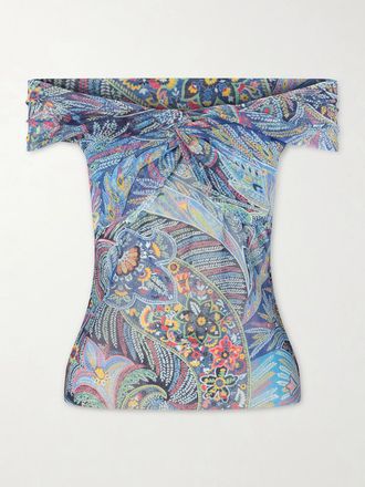 Etro Printed Off-the-shoulder Mesh Top - Blue