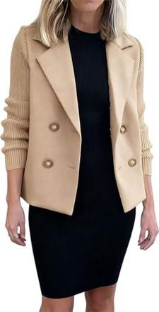 Generic Manteau décontracté en tricot à manches patchwork avec boutons à revers pour femme - Blazer en tricot à double boutonnage pour le travail et le travai