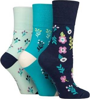 SockShop Gentle Grip Femme Chaussettes Fleurs à motifs et à rayures Paquet de 3 Bohème Floral Bleu/Turquoise/Aqua 37-42