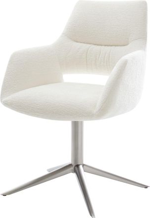 DELIFE Esszimmerstuhl Yago-Flex mit Armlehnen Fu&szlig;kreuz Edelstahl Boucl&eacute; Soft Beige 360&deg; drehbar Wippfunktion Taschenfederkern