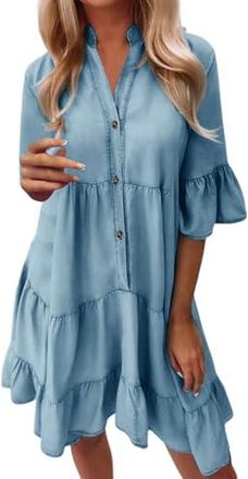 Generic Une robe unie en jean en coton d&eacute;lav&eacute;, ligne A, avec manches cinq quarts et longueur moyenne pour femme, &eacute;l&eacute;gante robe festive courte, bleu clair, 5XL