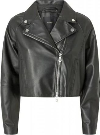 Pinko Pinko, Femme, Vestes, Noir, Taille: 36 FR Blouson de motard court en cuir nappa