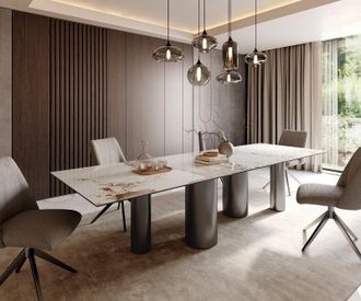 DELIFE Esstisch Edge 300x100 Keramik Minas Melange Wei&szlig;-Beige Pilier Edelstahl Graphit, Esstische