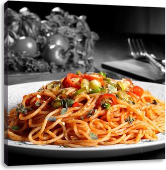 Pixxprint schmackhafte Spaghetti Italia, Größe: 40x40 cm, Leinwandbild Quadratisch, Wandbild, Kunstdruck, fertig bespannt