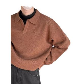 Generic Polo en tricot, pull &agrave; manches longues et col en V textur&eacute; c&ocirc;tel&eacute; d&eacute;contract&eacute; polos en tricot c&ocirc;tel&eacute; &agrave; col d&eacute;contract&eacute;, caf&eacute;, 3XL